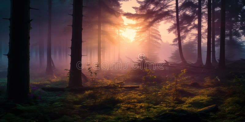 Big Magical Foggy Spring Forest at Sunrise Stock Illustration ...