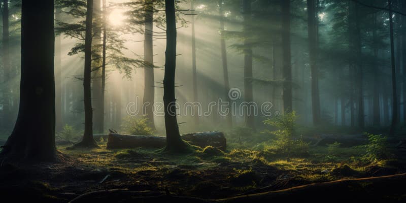 Big Magical Foggy Spring Forest at Sunrise Stock Illustration ...