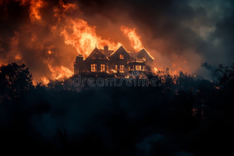 Big Mansion House on a Hill Burning from Wildfire. Generative AI. Stock ...