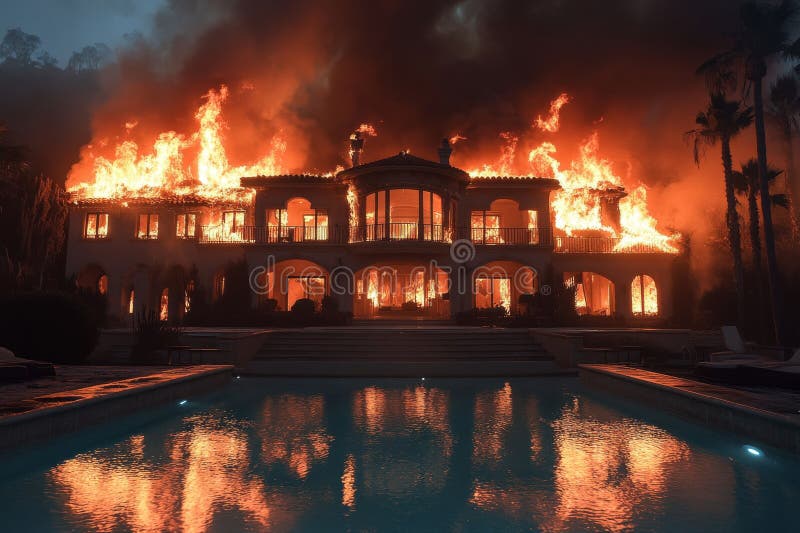 Big Mansion House with Pool Burning from Wildfire. Generative AI. Stock ...