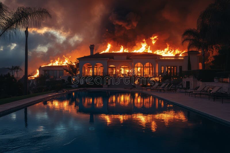 Big Mansion House with Pool Burning from Wildfire. Generative AI. Stock ...