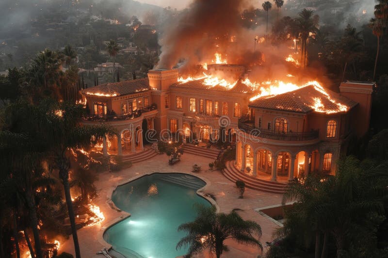 Big Mansion House with Pool Burning from Wildfire. Generative AI. Stock ...