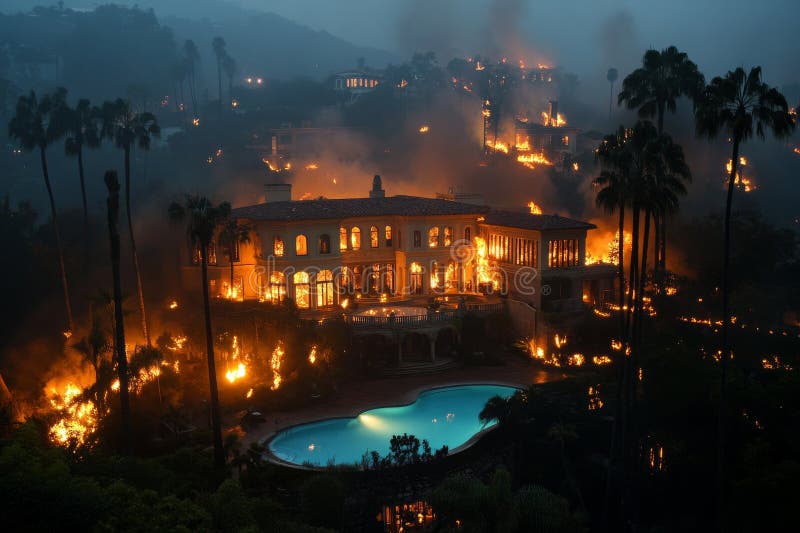 Big Mansion House with Pool Burning from Wildfire. Generative AI. Stock ...