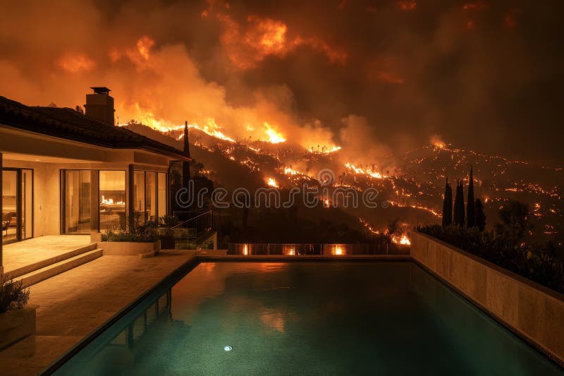 Big Mansion House with Pool Burning from Wildfire. Generative AI. Stock ...