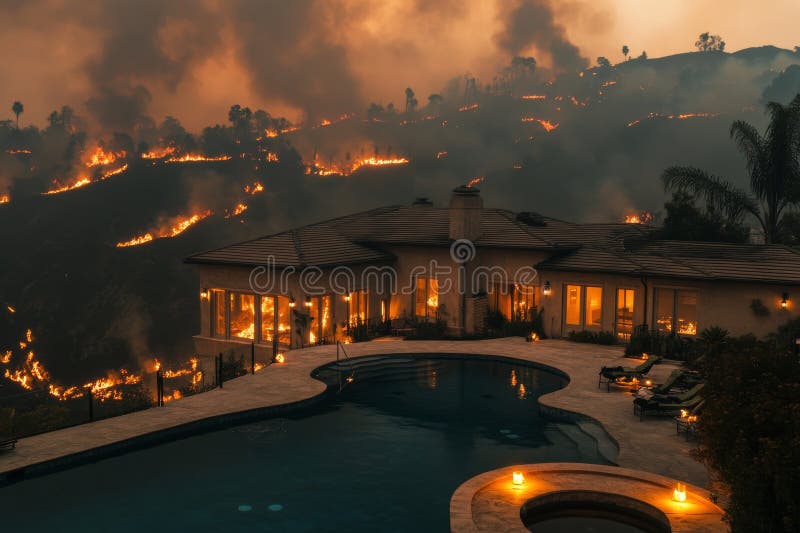 Big Mansion House with Pool Burning from Wildfire. Generative AI. Stock ...