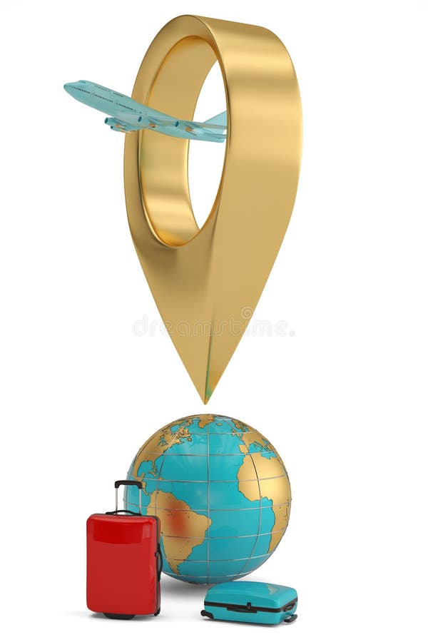 A Big Map Point with Airplane and Globe 3D Illustration Stock ...