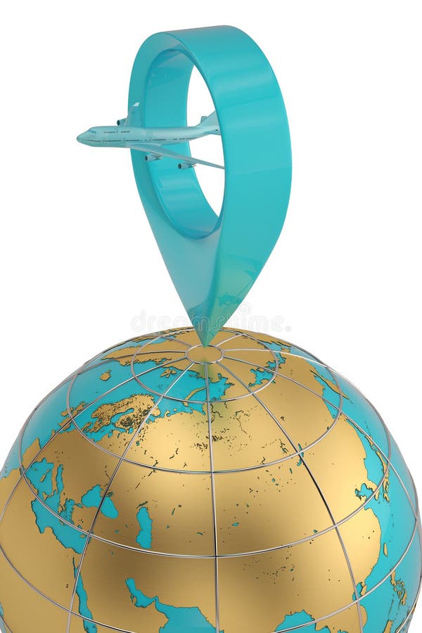 A Big Map Point with Airplane and Globe 3D Illustration Stock ...