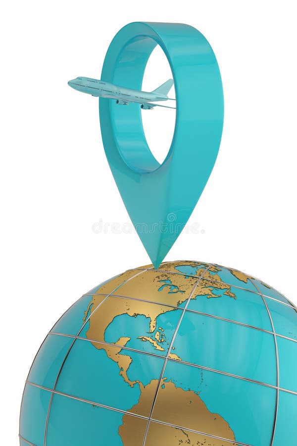 A Big Map Point with Airplane and Globe 3D Illustration Stock ...