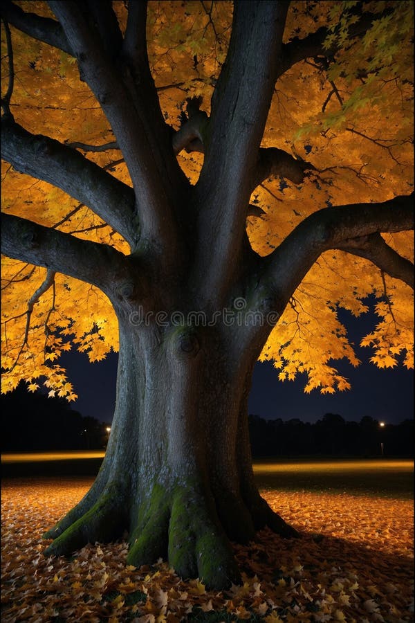 Big Maple Tree Trunk in Autumn at Night. in a Vertical Frame Stock ...