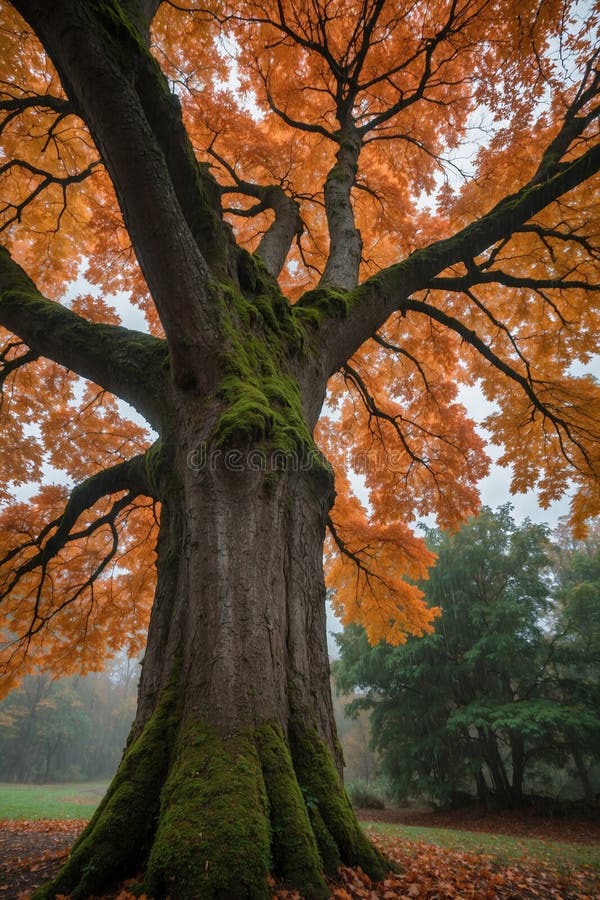 Big Maple Tree Trunk during Autumn and Rain with Cloudy Sky. in a ...