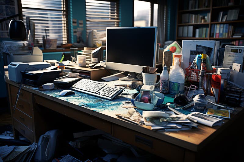 A Big Mess on the Desk and in the Office. Desk Cleaning Day Stock ...