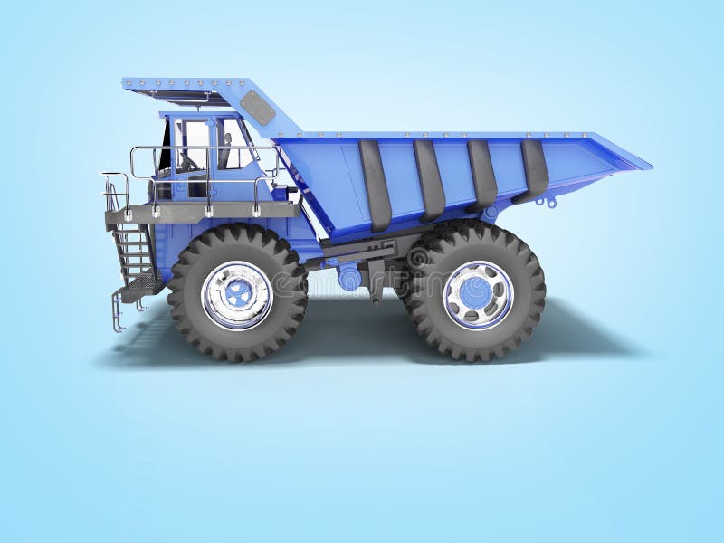 Big Mining Truck Blue Side View 3D Rendering on Blue Background with ...