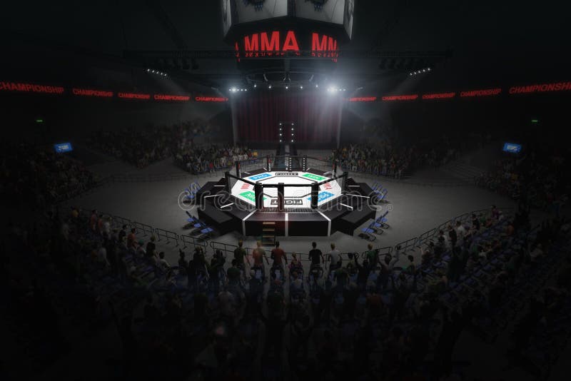 Mma Arena Side View. Empty Fight Cage Under Lights. 3D Rendering Stock ...