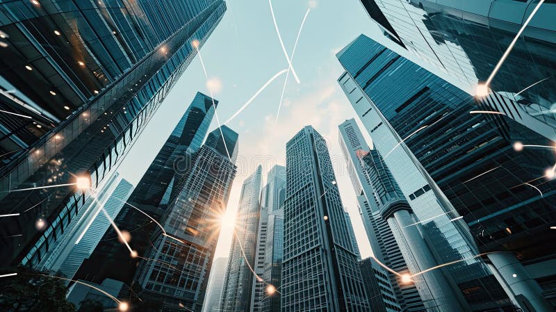 Big Modern City City Skyscraper Downtown, Digital Interface with Line ...