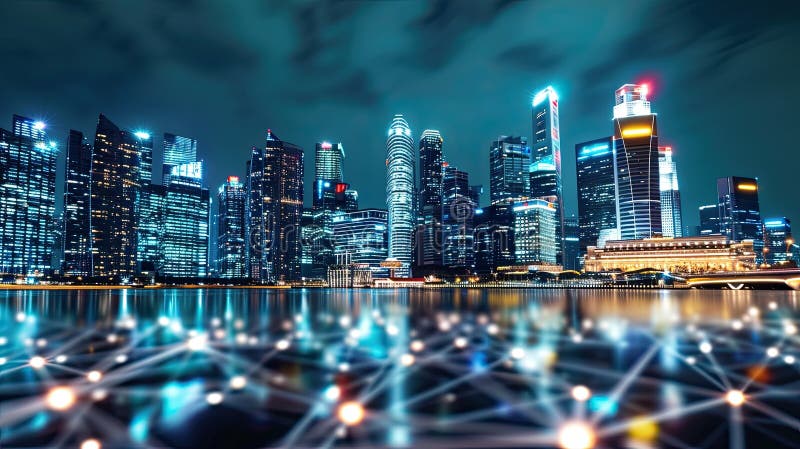 Big Modern City City Skyscraper Downtown, Digital Interface with Line ...