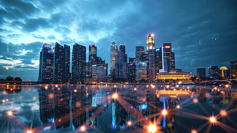 Big Modern City City Skyscraper Downtown, Digital Interface with Line ...