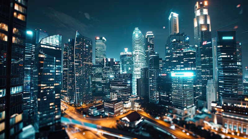 Big Modern City City Skyscraper Downtown, Digital Interface with Line ...