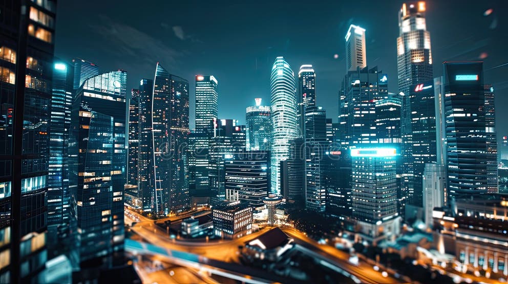 Big Modern City City Skyscraper Downtown, Digital Interface with Line ...