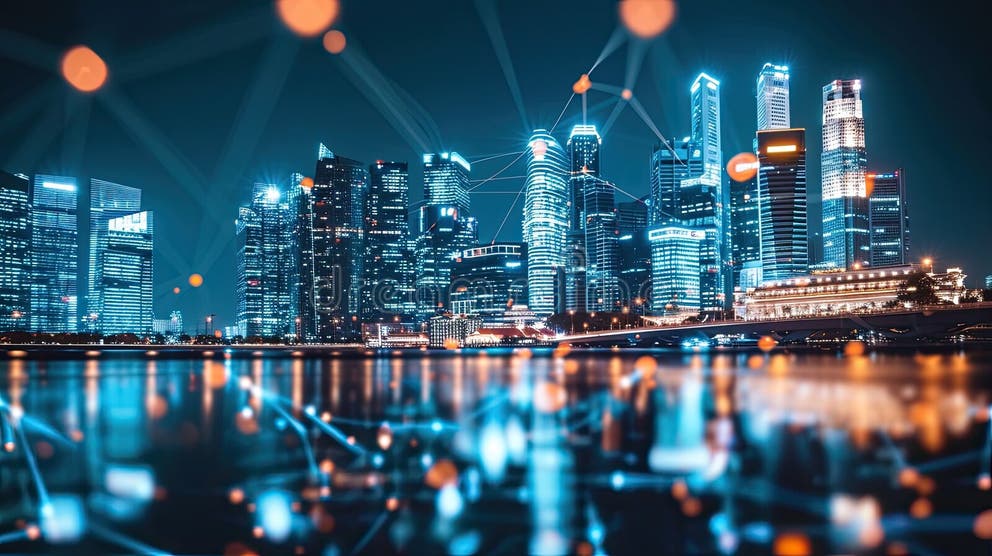 Big Modern City City Skyscraper Downtown, Digital Interface with Line ...