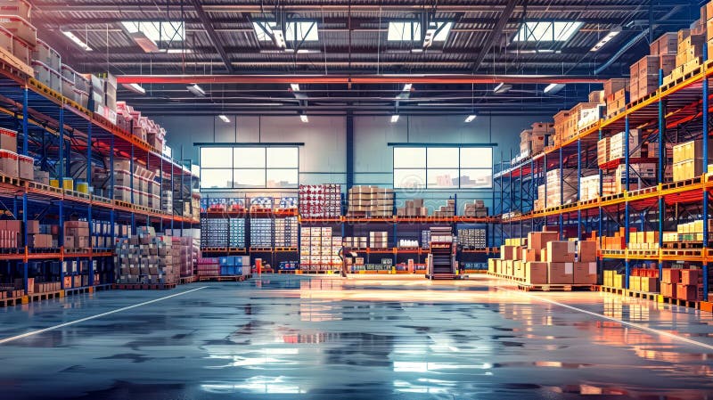 Big Modern Warehouse. on Background are Shelves Full of Products and ...