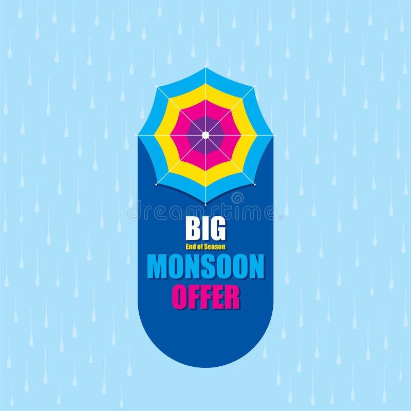 Monsoon Offer and Sale Banner, Flyer or Poster with Rain and Open ...