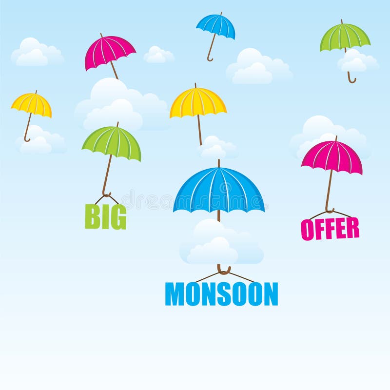 Monsoon Offer and Sale Banner, Flyer or Poster with Rain and Open ...