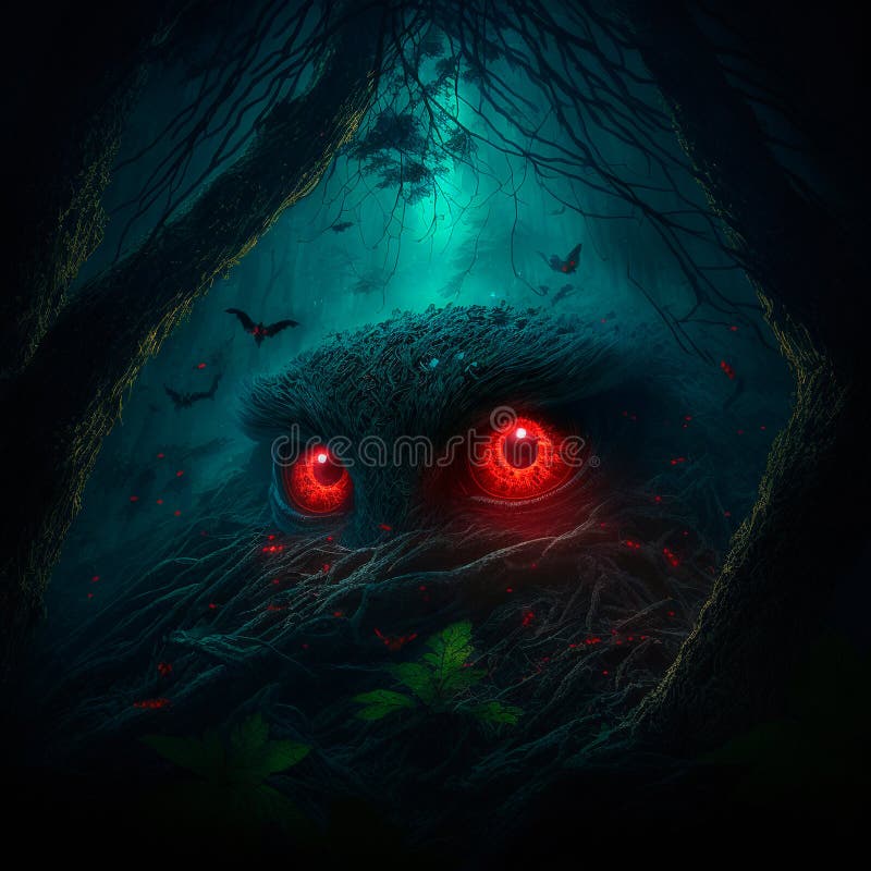 A Big Monster with Red Eyes in a Mystical Forest Stock Illustration ...