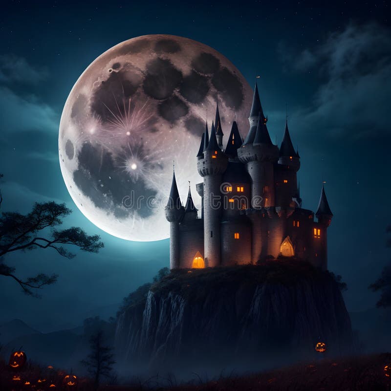 Big Moon and Castle in Halloween Season Background Stock Illustration ...