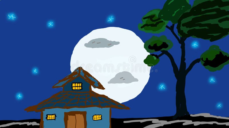Big Moon, with Home and Tree. Hand-Drawing Illustration. Star Night ...