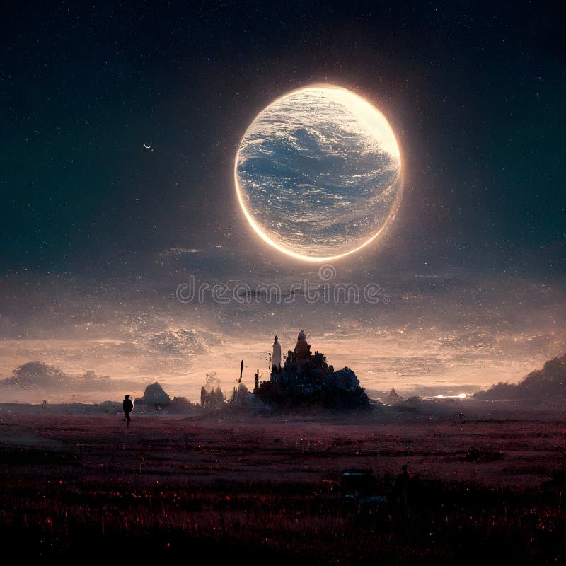 Big Moon and the Light that Shines on the Top of the Castle Stock Image ...