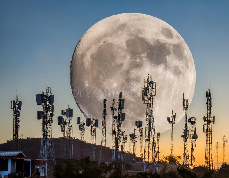 A Big Moon with Mobiles Towers Stock Photo - Image of refinery ...