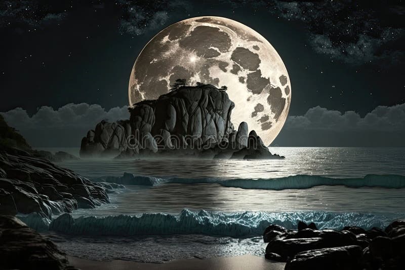 The Big Moon at Night on the Background of the Sea. Generative AI Stock ...