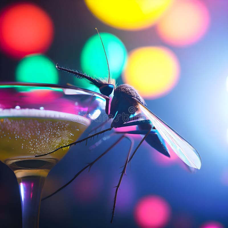 A Big Mosquito with Alcohol Drink. Creature Bug is Walking on Bar, Pub ...