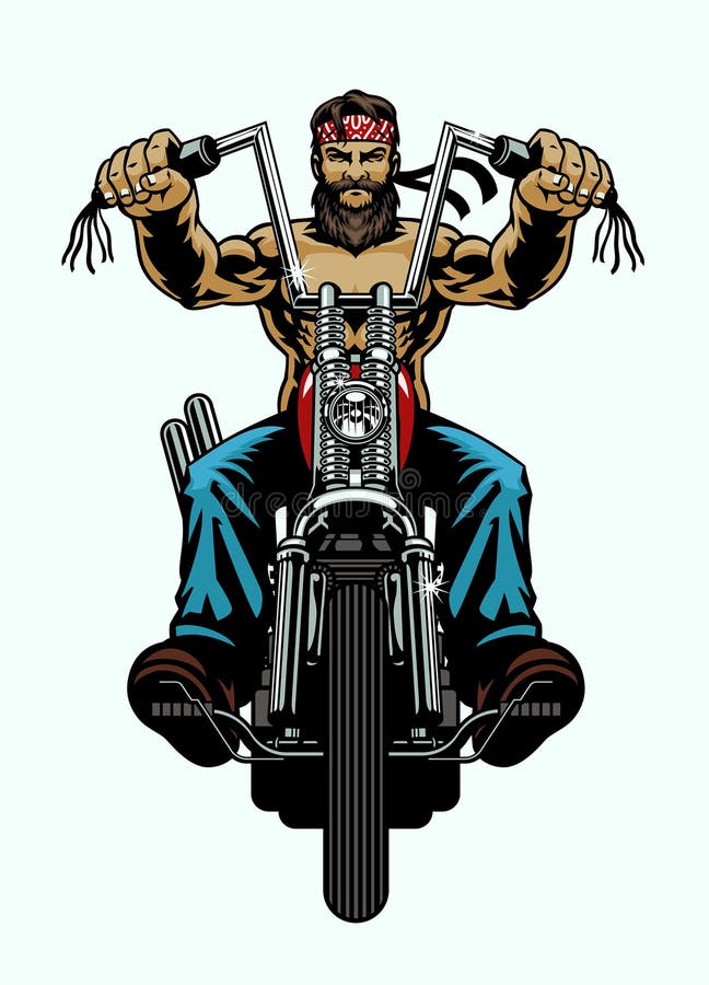Big Muscle Man Biker Riding Chopper Motorcycle in Front Angle Stock ...