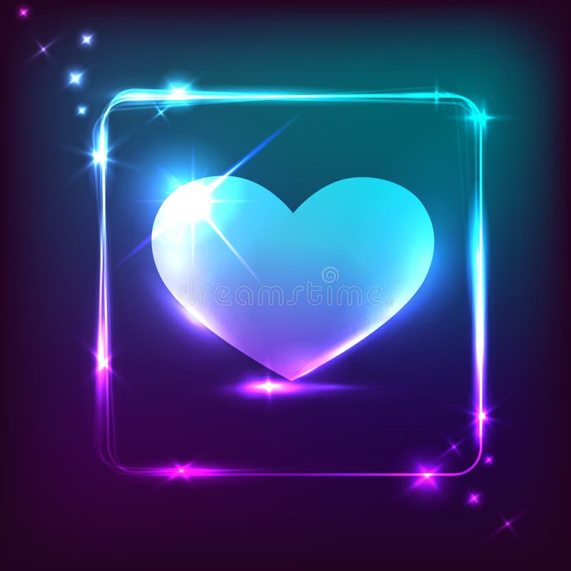 Big Neon Blue Heart on Dark Background with Shining Frame Stock Vector ...