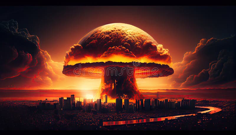Big Nuclear Explosion Mushroom Cloud Effect Over City Skyline. Generate ...