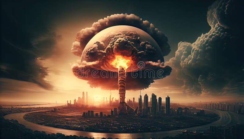 Big Nuclear Explosion Mushroom Cloud Effect Over City Skyline for ...