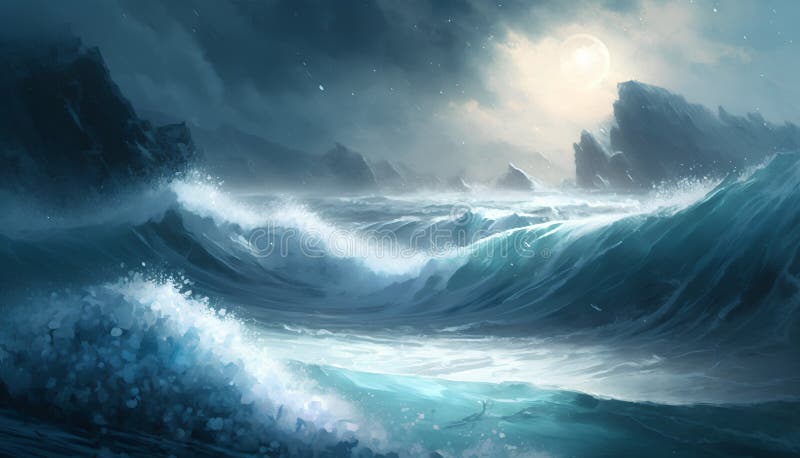 Big Ocean Wave at Full Moon. 3D Rendering, Illustration Stock ...