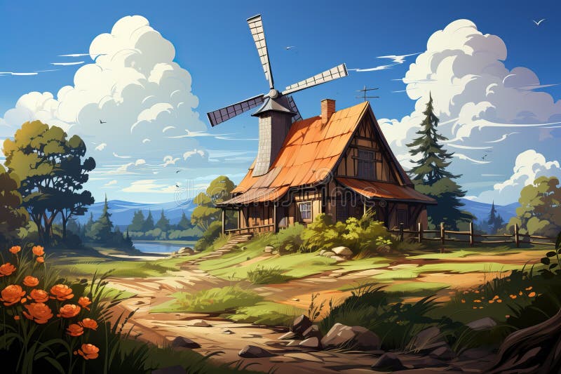 Big Old Mills in a Field, Illustration of an Old Mill. Stock Image ...