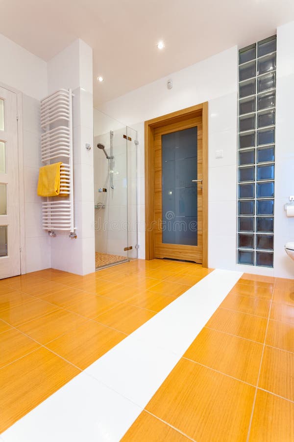 Orange bathroom stock image. Image of cabin, panoramic - 20224817