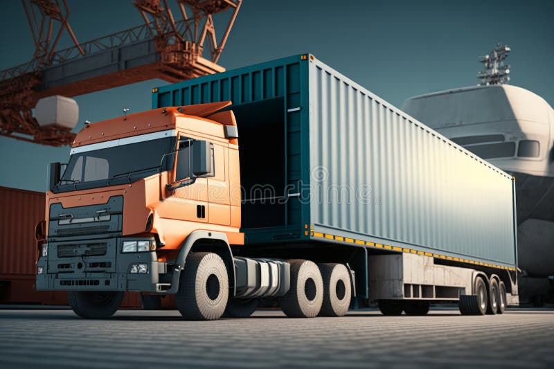 A Big Orange Truck with a Container in the Port Stock Illustration ...