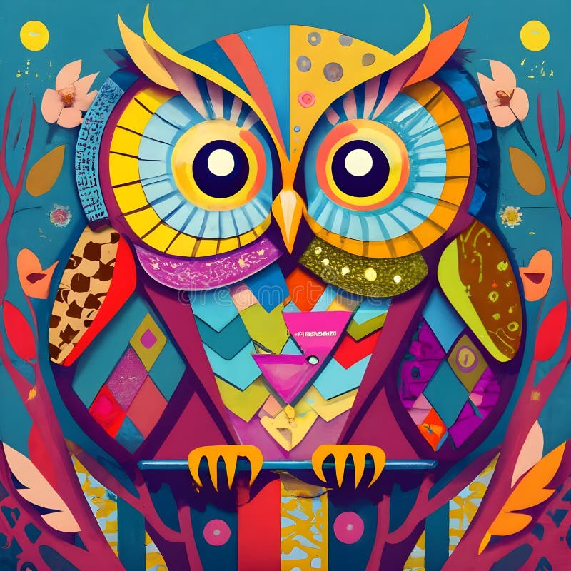 A Big Owl in Patchwork Art Style, Divided in Differents Seccions with ...