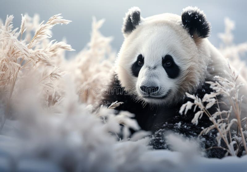 Big Panda in the Snow-covered Grassland. Snowy Winter Stock ...