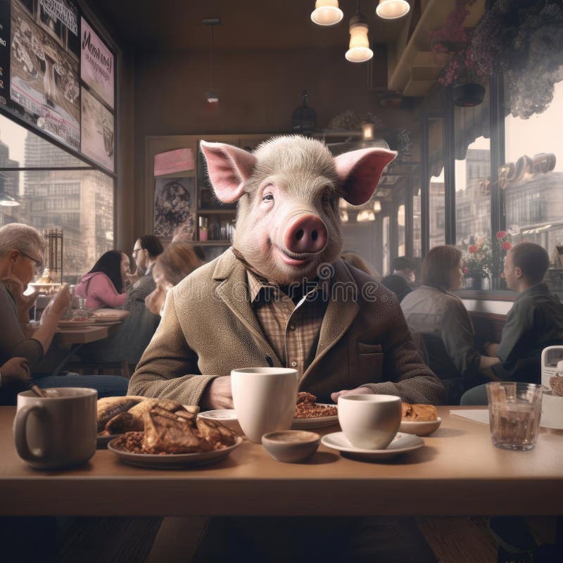 Pig in a cafe with people stock illustration. Illustration of people ...
