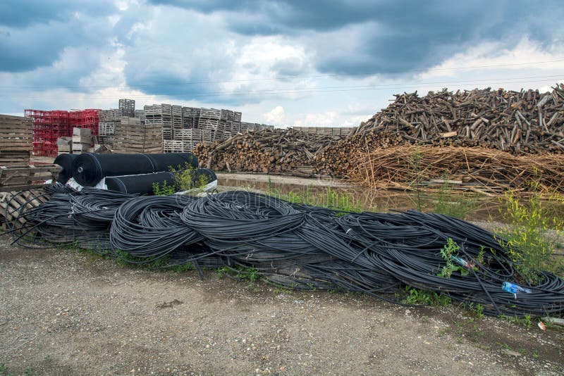 Big Pile of Cut Tree Logs at the Depot in Front of Plastic Pipes and ...