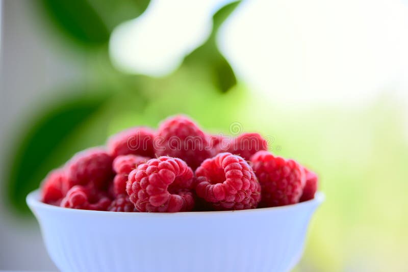 Big Pile of Fresh Raspberries in the Bowl on Green Background Stock ...