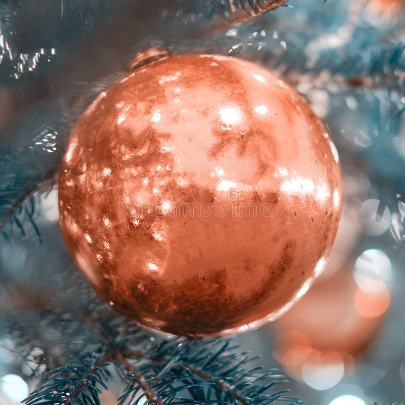 Big Pink Ball on a Blue Branch Christmas Tree, Copy Space Stock Photo ...
