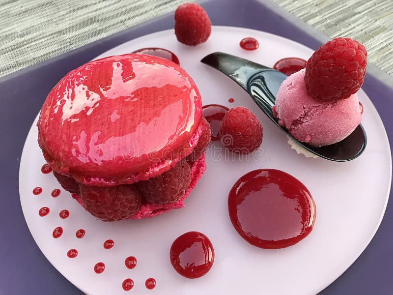 Big Pink Cake Macaron or Macaroon with Raspberry and Ice Cream Stock ...