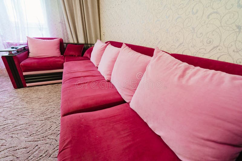Big Pink Corner Sofa in Interior of Room. Stock Image - Image of ...