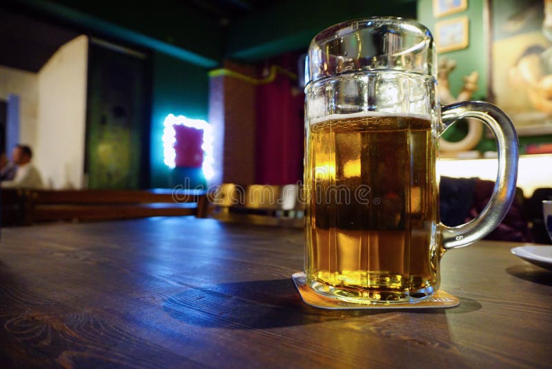 Big Pint of Beer on Wooden Table Close Up View Stock Photo - Image of ...